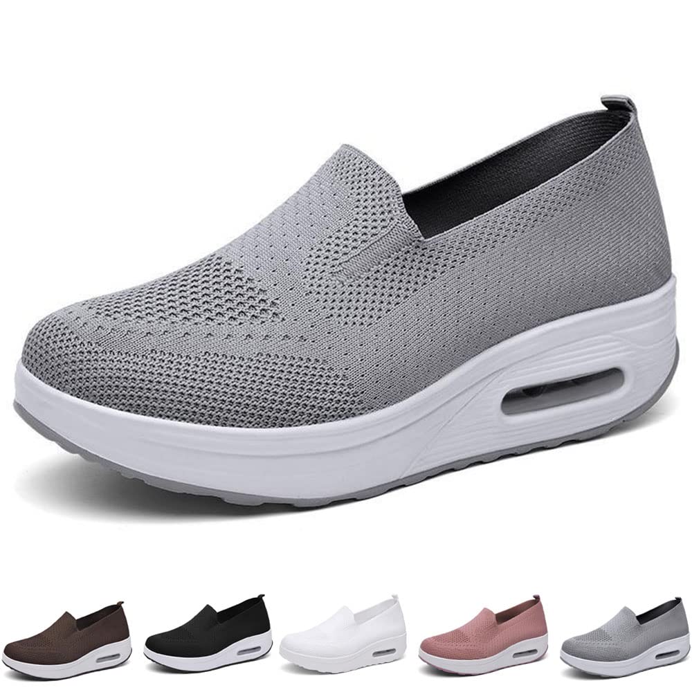 Women's Orthopedic Sneakers, Womens Air Cushion Slip-On Walking Shoes, Orthopedic Shoes for Women, Comfort Loafers Knit Breathable Mesh Non-Slip Platform Casual Sneakers (Grey,38)