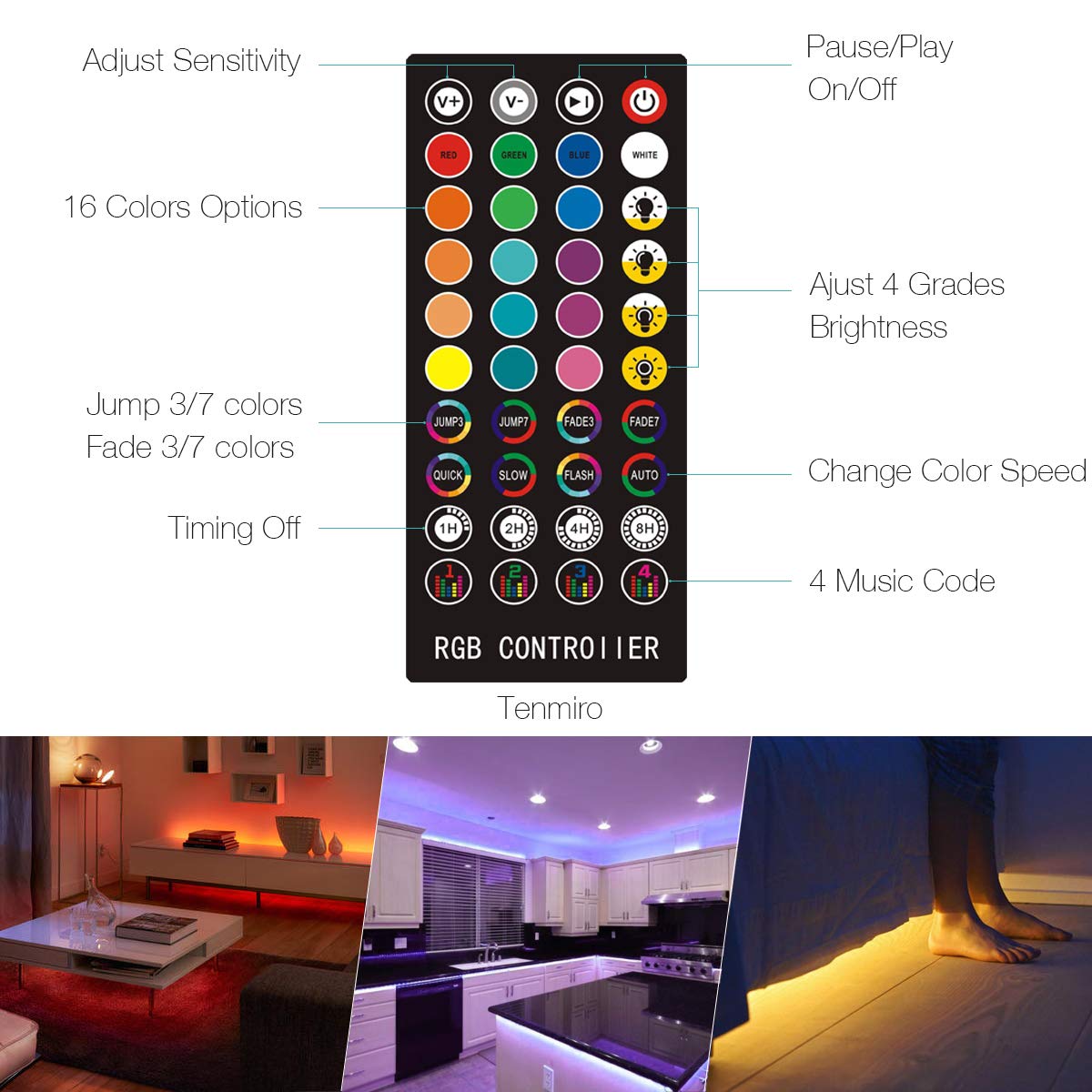 Tenmiro LED Strip Lights, 16.4ft Sync to Music LED Light Strip, RGB 5050 LED Strip Kit with 24-Key RF Remote Controller, Color Changing Music LED Strip Home Lighting Kitchen Bedroom Decoration
