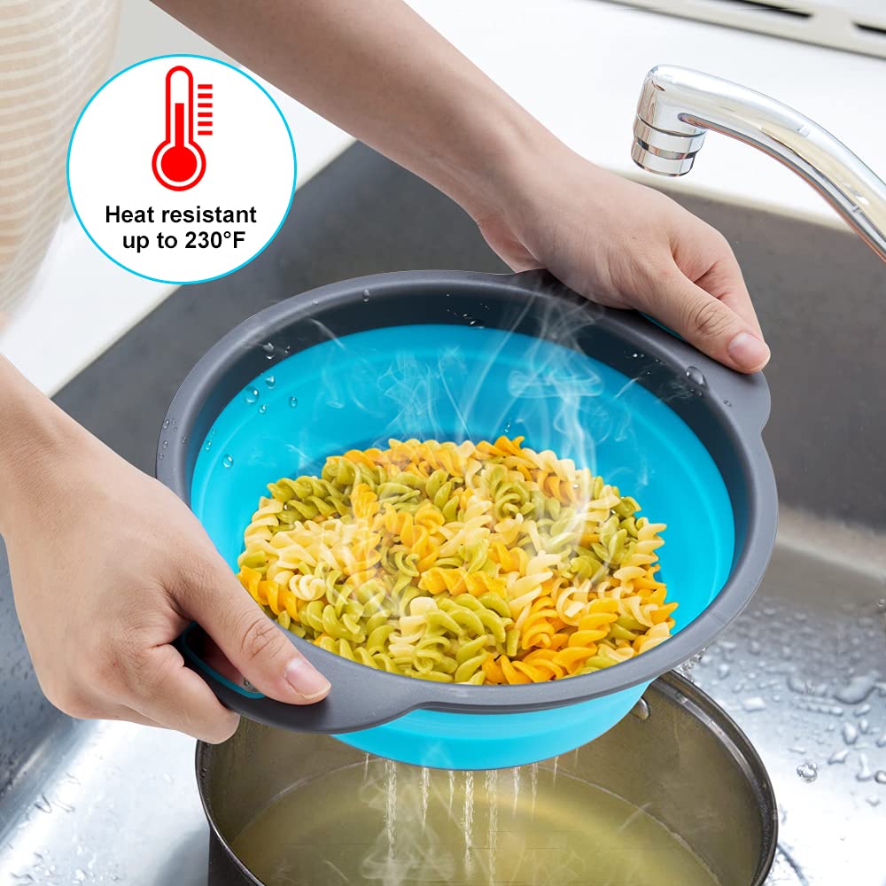zoopod Collapsible Colander Basket 2 of Set,Vegetables Fruit Washing Basket Drain Tool,Small & Big Size Silicone Telescopic Colander with Handle For Kitchen/Home/Restaurant Round Shape 3 Color(Blue)