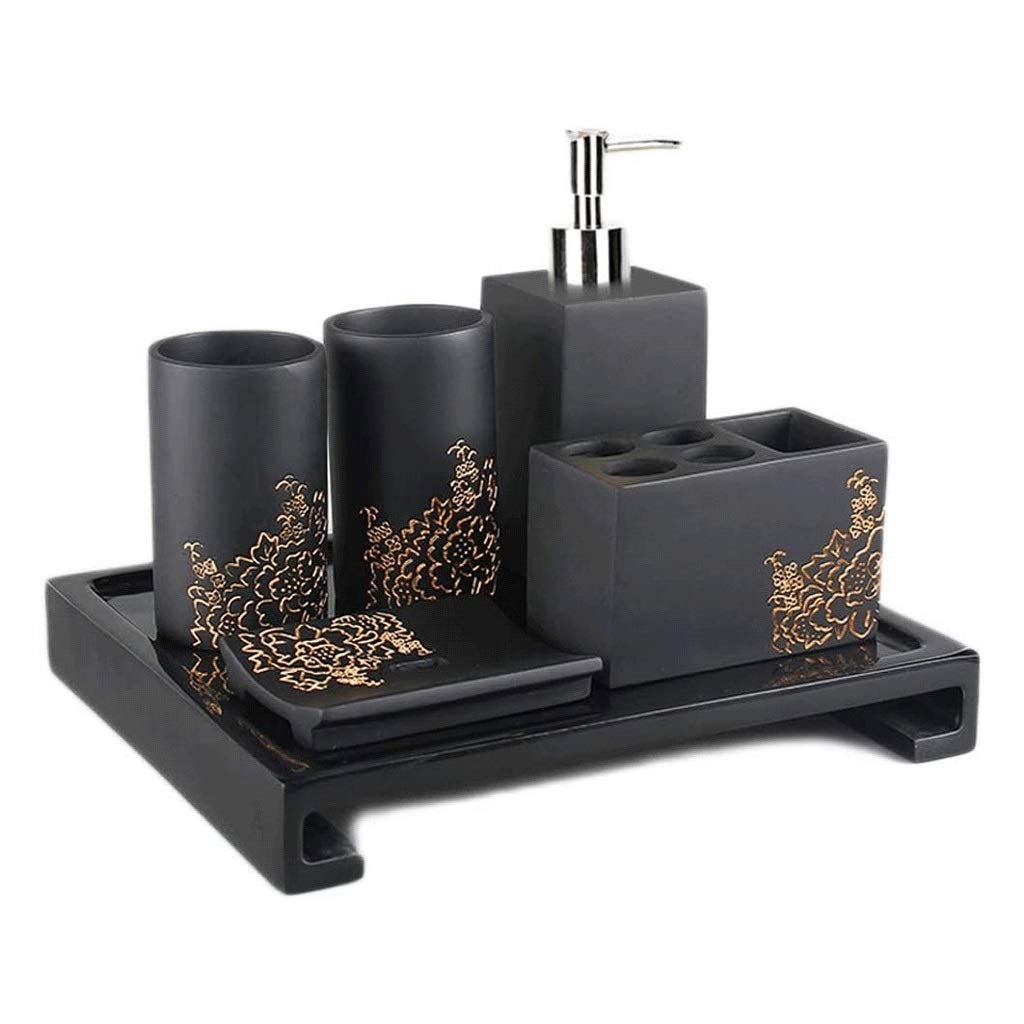 Soap Dispenser Hand Soap Dispenser 6-Piece Bathroom Accessory Resin Set Lotion Dispenser Tumbler Toothbrush Holder Soap Dish and TrayďźElegant Golden PatternďźBlack Manual Soap Dispenser Soap Dispenser