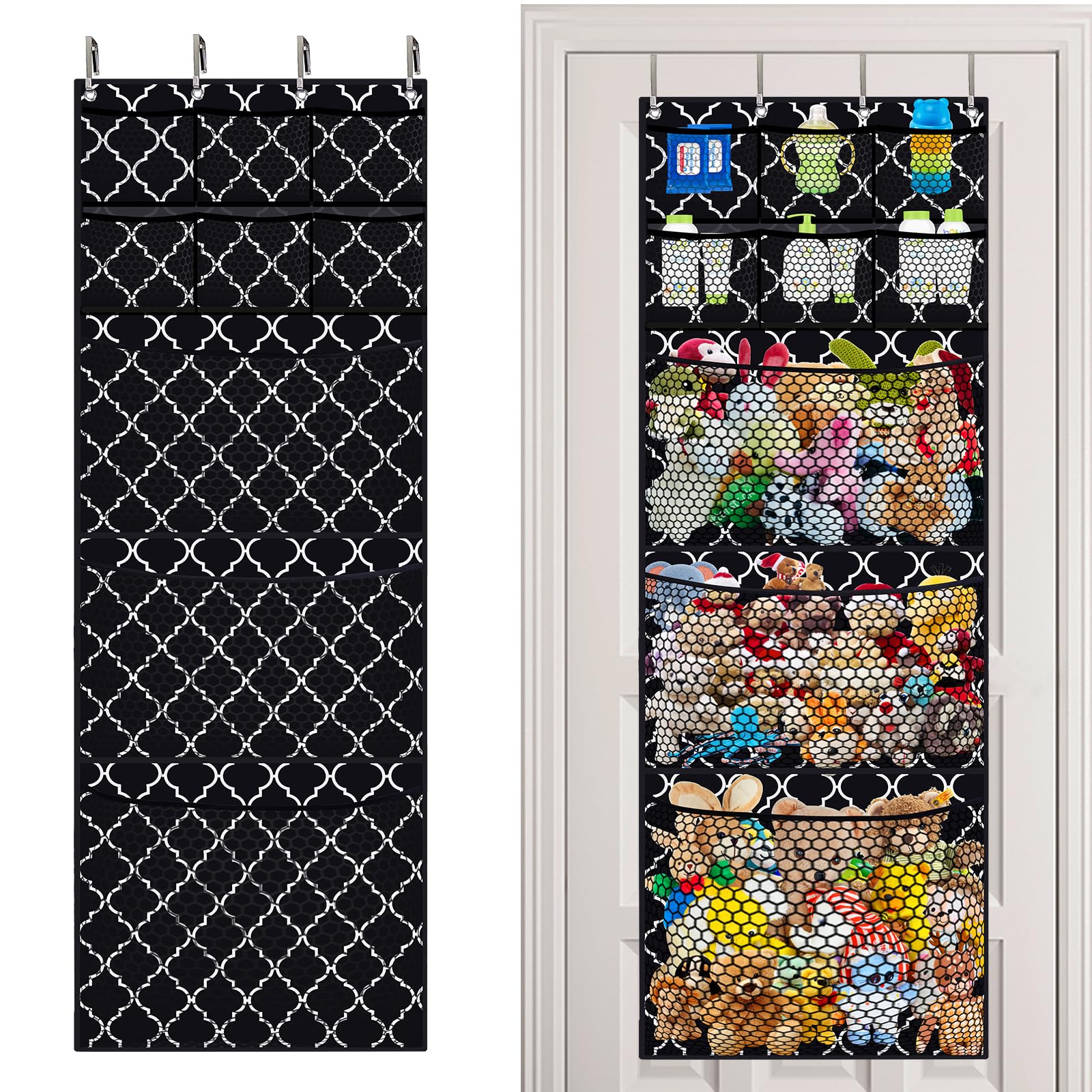 VICTORICH Stuffed Animal Storage, Over Door Organizer for Stuffed Animals Holder, Stuffed Animal Net Hammock with 4 Pockets for Baby Accessories, Toy Plush Storage, Kids Bedroom Organization, Black