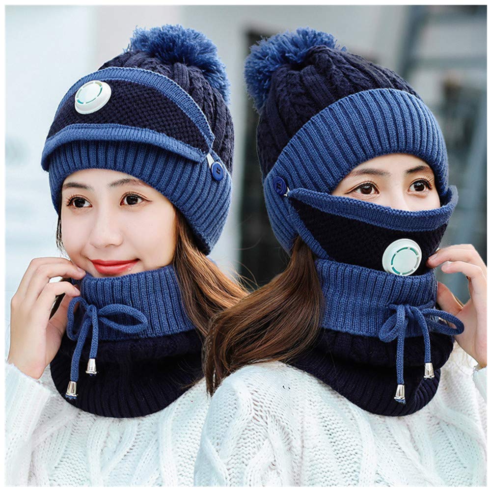 Womens Girls Winter Knitted hat Beanie Scarf mask Set Soft Warm Fleece Lined Winter Ski Hat with Pompom (Navy Blue)