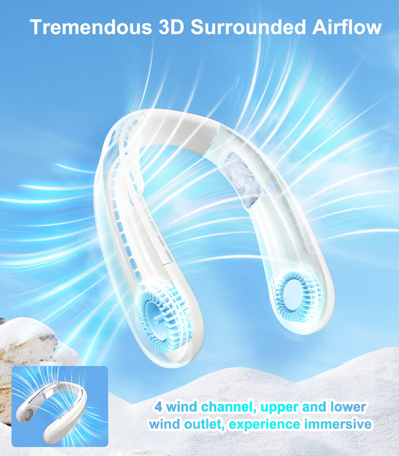 Portable Neck Fan, Upgraded Neck Air Conditioner with 2 Semiconductor Cooling Pads, Wearable Air Conditioner 360° Instant Cooling Personal Neck AC 4-Core 3 Speeds USB Rechargeable for Camping Travel