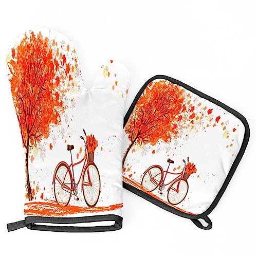 Thanksgiving Fall Leaves Tree Oven Mitts and Pot Holders Sets Heat Resistant Non Slip Oven Glove and Insulated Kitchen Counter Mat Suitable for Cooking Baking Grill