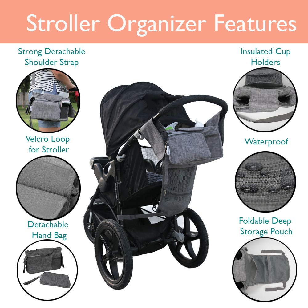 Stroller Organizer Bag by Subtle Baby - Insulated Cup Holders, Caddy, Large Mesh Pocket, and Storage for Bottles, Toys, Phone, Book, Diapers, Wipes - Fits City, Jogger, Double, Umbrella Strollers