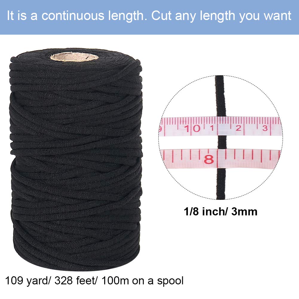 Soft Black Elastic Cord String 1/8 inch 109 Yard for Mask Making, 3mm Round Stretchy Band Rope for Homemade Ear Loops Sewing DIY Crafts