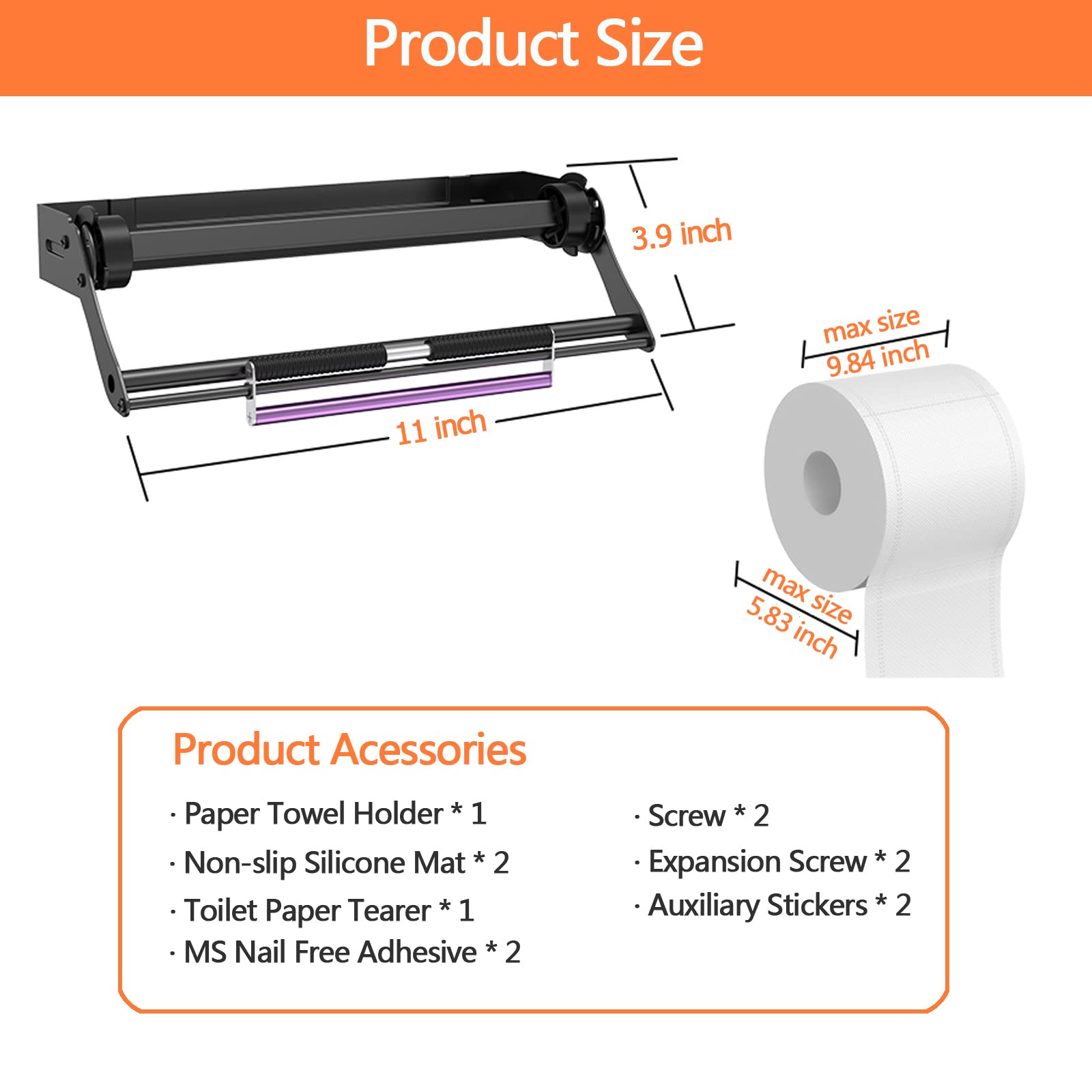 Wonglea Paper Towel Holder for One Hand Tear, Upgraded Under Cabinet Paper Towel Holder Wall Mount,Self Adhesive Paper Towel Roll Holder Under Counter,Matte Black Paper Towel Rack for Kitchen