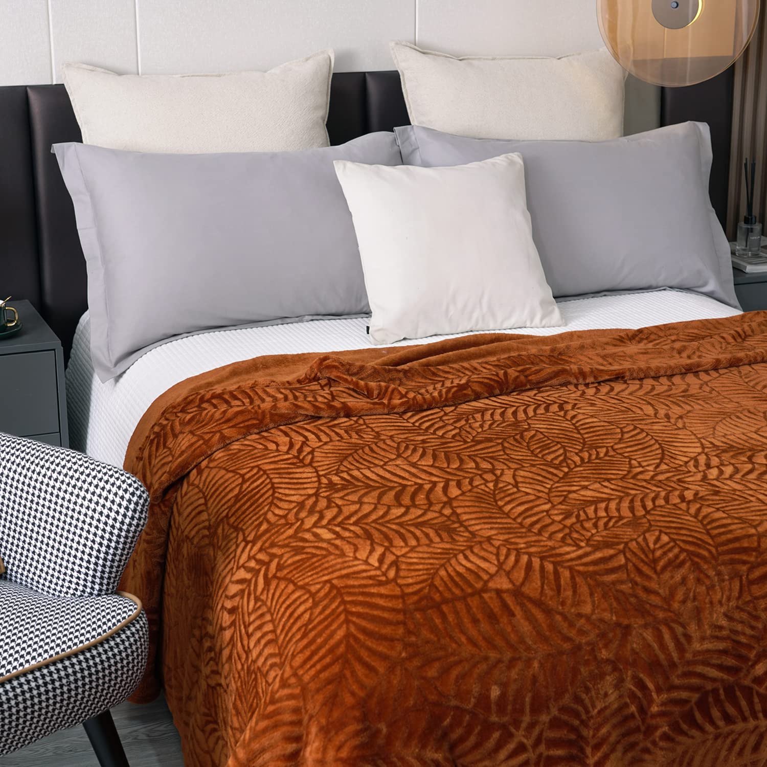 SOCHOW Super Soft Flannel Fleece Throw Blanket, Lightweight Cozy Warm Leaves Textured Plush Blanket for Bed Couch Sofa, 50 x 60 Inches, Caramel