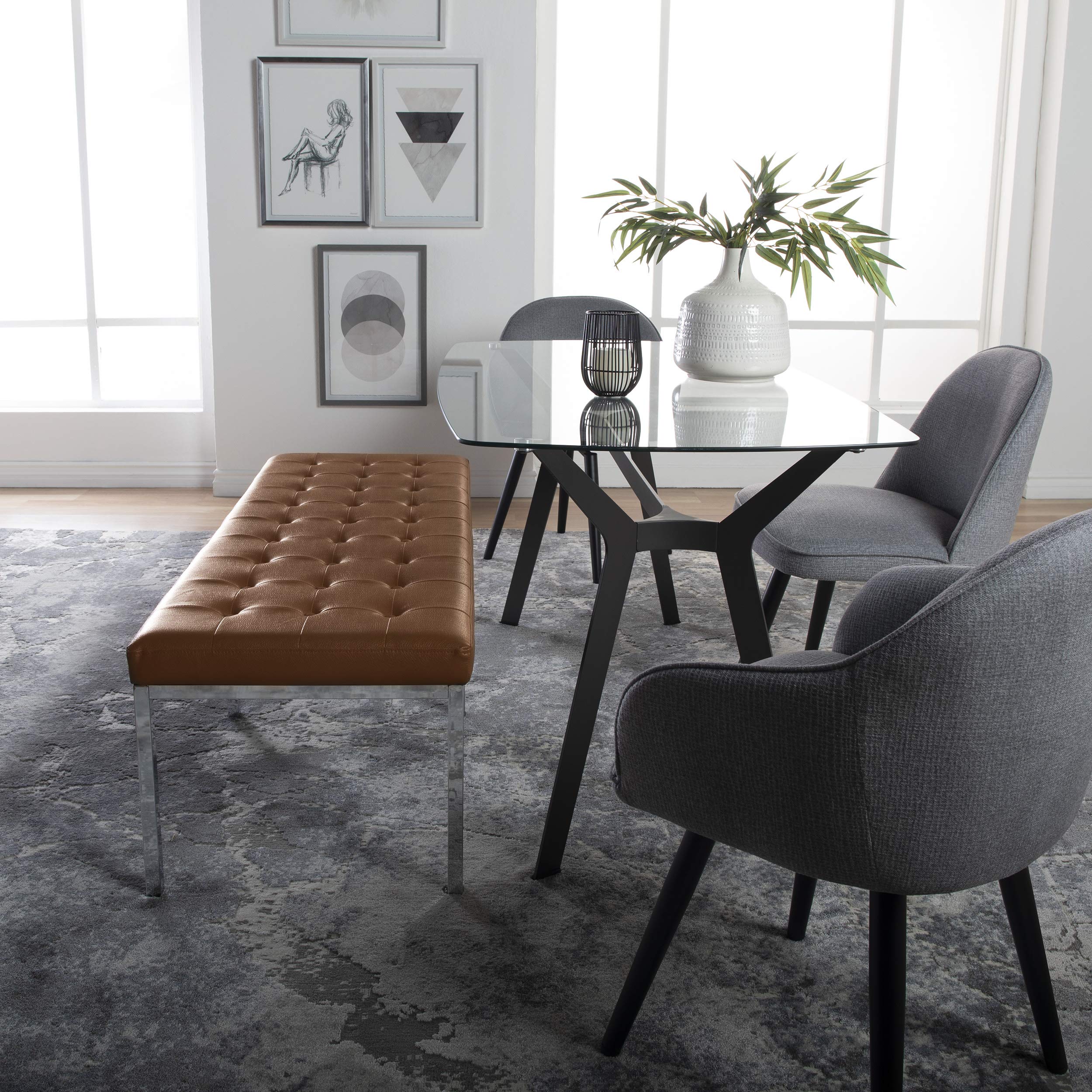 Studio Designs Home 60" Wide Lintel Tufted Bench/Ottoman in Caramel Brown Bonded Leather and Chrome Metal
