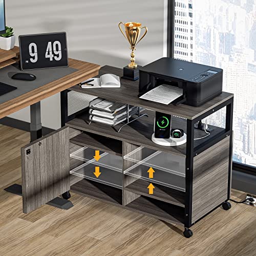 WASAGUN Lateral File Cabinets with Socket & USB Charging Station, Lockable Office File Cabinets Rolling Printer Stand with Open Storage Shelves for Home Office Organization & Storage