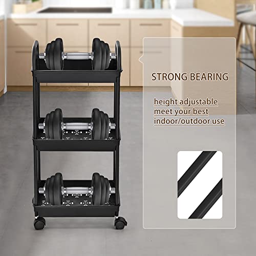 WASJOYE 3-Tier Plastic Rolling Utility Cart with Handle, Black Home Kitchen Office Storage Trolley Cart with Wheels (14 * 8.9 * 33.5 Inch)
