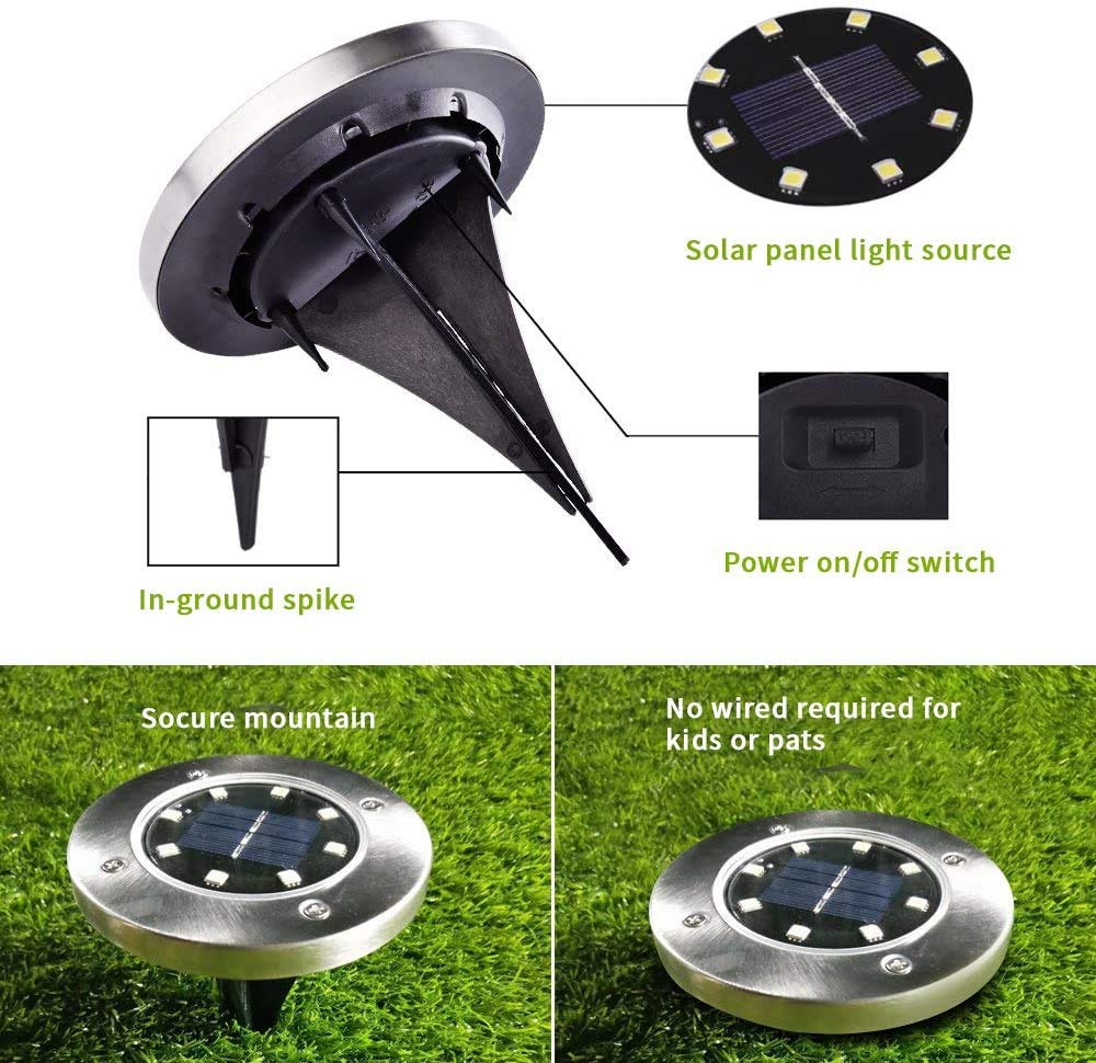 Solar Ground Lights, 8 LED Solar Garden Lights, Outdoor Solar Disk Lights, Waterproof In-Ground Lights, Landscape Lights for Pathway, Yard, Deck, Patio, Walkway, 12 Packs, Cold White