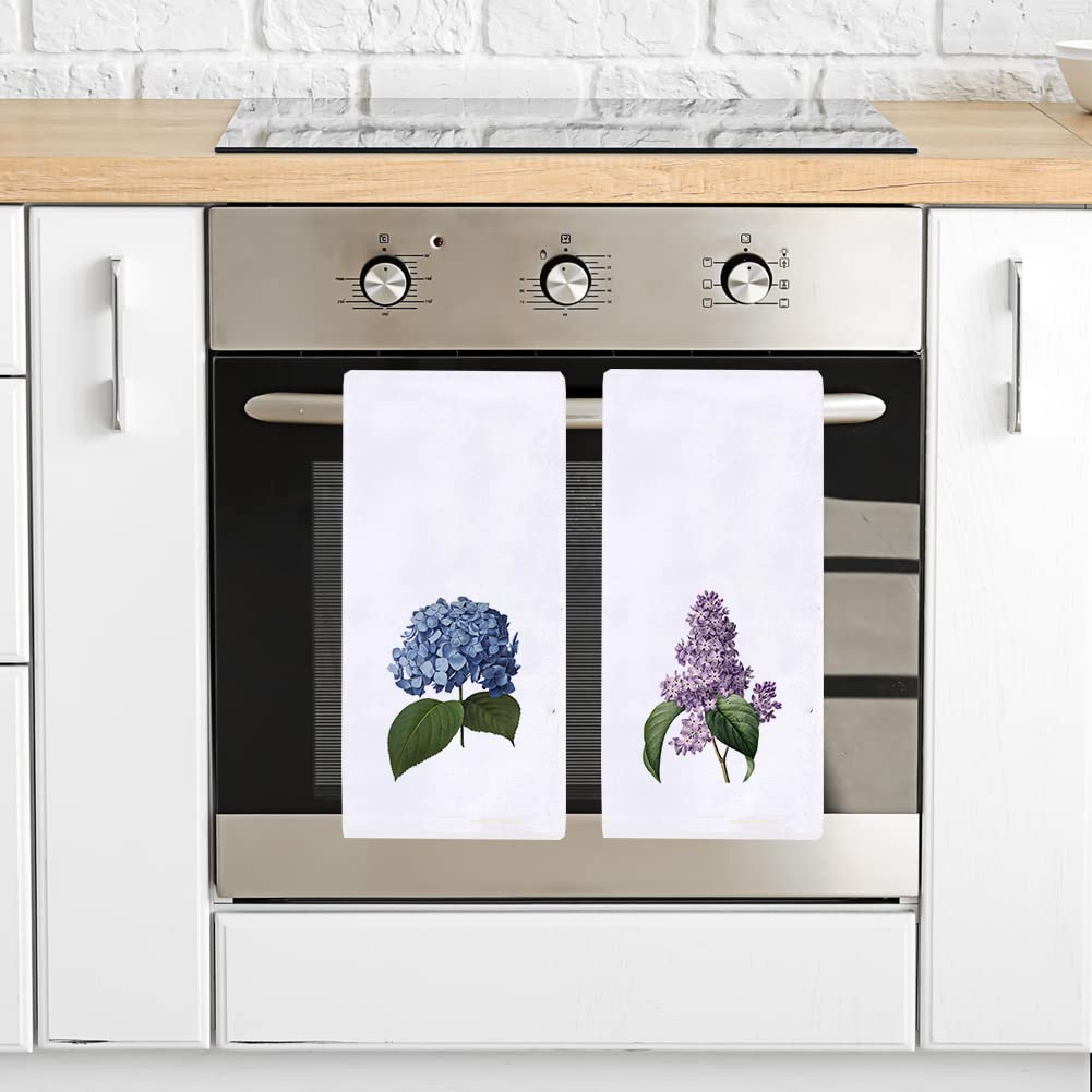 Watercolor Hydrangea Purple Lilacs Kitchen Dish Towel 18 x 28 Inch, Seasonal Spring Summer Flower Towels Dish Cloth for Cooking Baking Set of 2