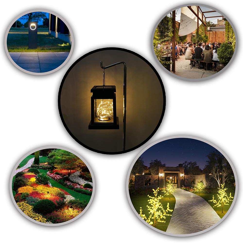 Solar Hanging Lanterns with Shepherd Hook, 2 Pack Decorative Outdoor Garden Hanging Light, IP44 Waterproof Copper Wire Lamp for Garden, Lawn, Yard, Path, Entrance Decoration (Copper Wire)
