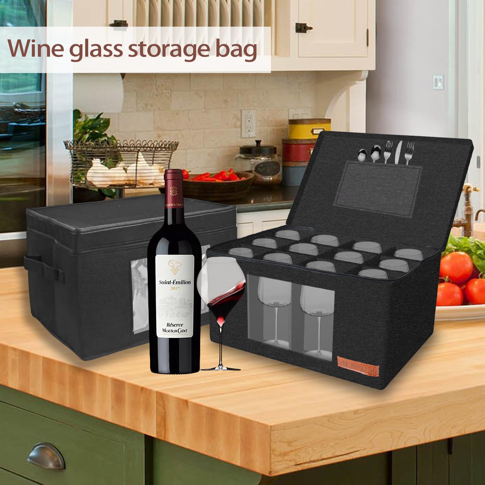 WRDSL Wine Glass Storage, Wine Glass Storage Box with Dividers, Stackable Stemware Storage Cases for 12 Crystal Glassware, Moving Supplies, Household Essentials (BLACK)