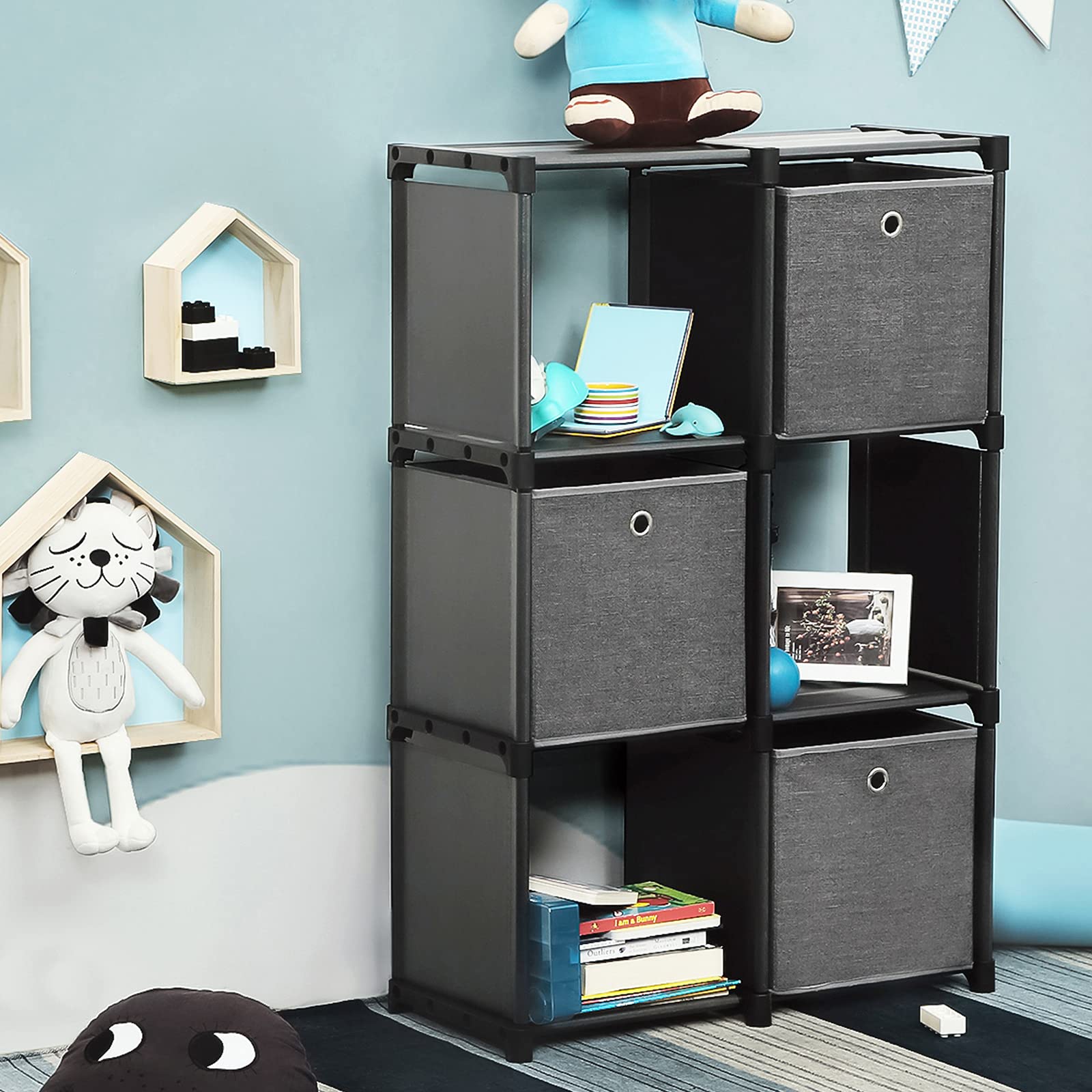 SONGMICS Cube Storage, 6-Cube Bookcase, Ladder Storage Unit with 3 Storage Boxes, DIY Closet Organizer, Sturdy Metal Frame, Includes Rubber Mallet, 41.4 x 11.8 x 41.4 Inches, Black ULSN23BK