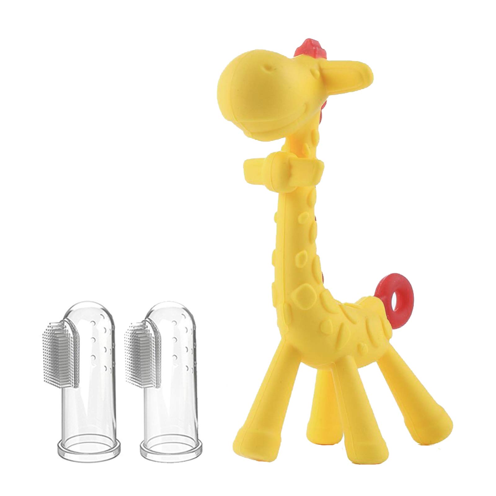 SILIVO Baby Teether with Finger Toothbrush - 3 in Pack - 1x Silicone Infant Training Giraffe Teether Toy + 2X Finger Toothbrushes with Storage Case