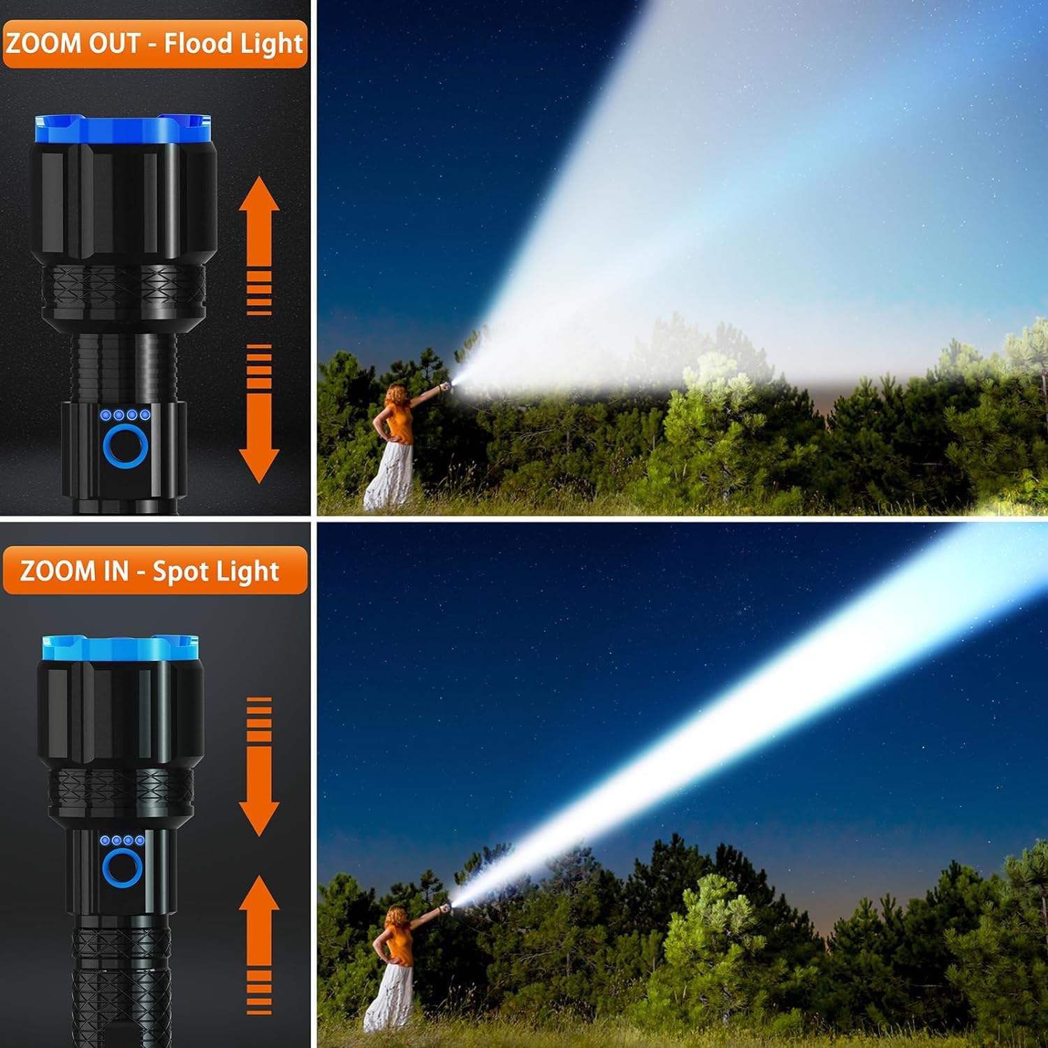 wsiiroon Rechargeable LED Flashlight High Lumen Battery Powered - Powerful 900000 Lumens Super Bright Flashlights, Zoomable Long Handheld Tactical Flash Light for Camping Hiking Emergency Power Bank