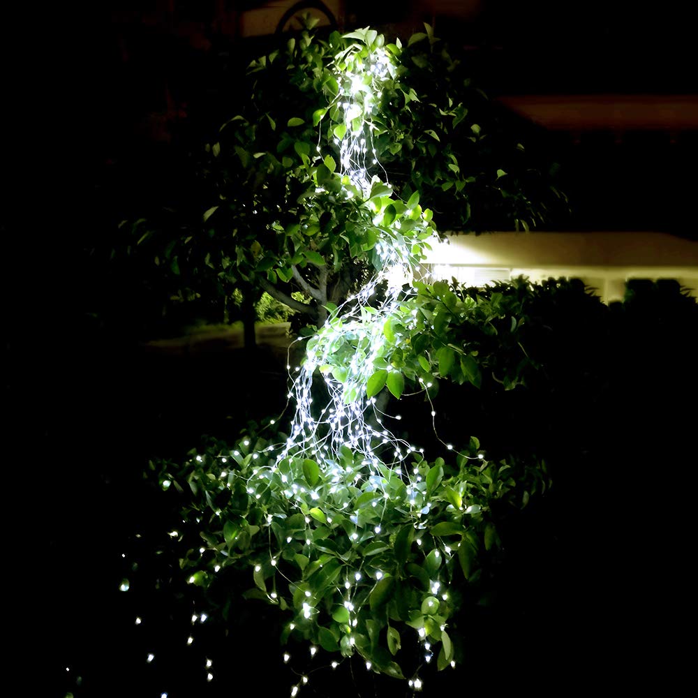 Solar Powered Twinkle Fairy Lights, 10 Strands 200 LEDs Waterproof Timbo String Lights Waterfall Decorative Silver Wire Solar Lights for Outdoor, Garden, Christmas Tree