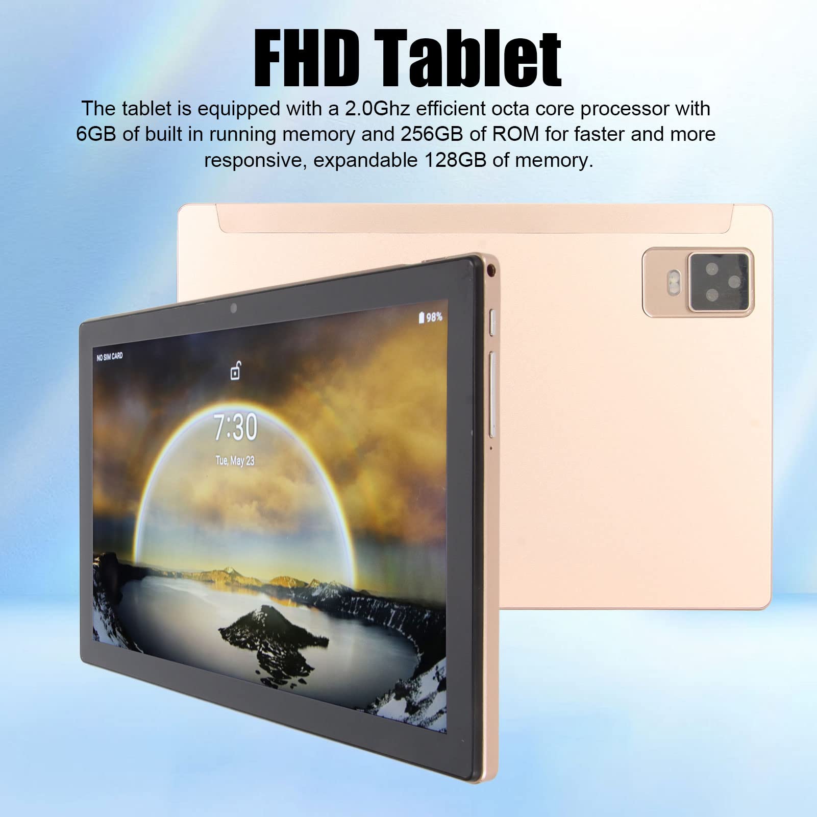 Vikye Android 12 Tablet, 10.1 FHD Display, 8 Core CPU Processor, 6GB RAM 256GB ROM, 3 Card Slots, 5G WiFi Dual Camera Tablet (US Plug 100β240V) (Gold)