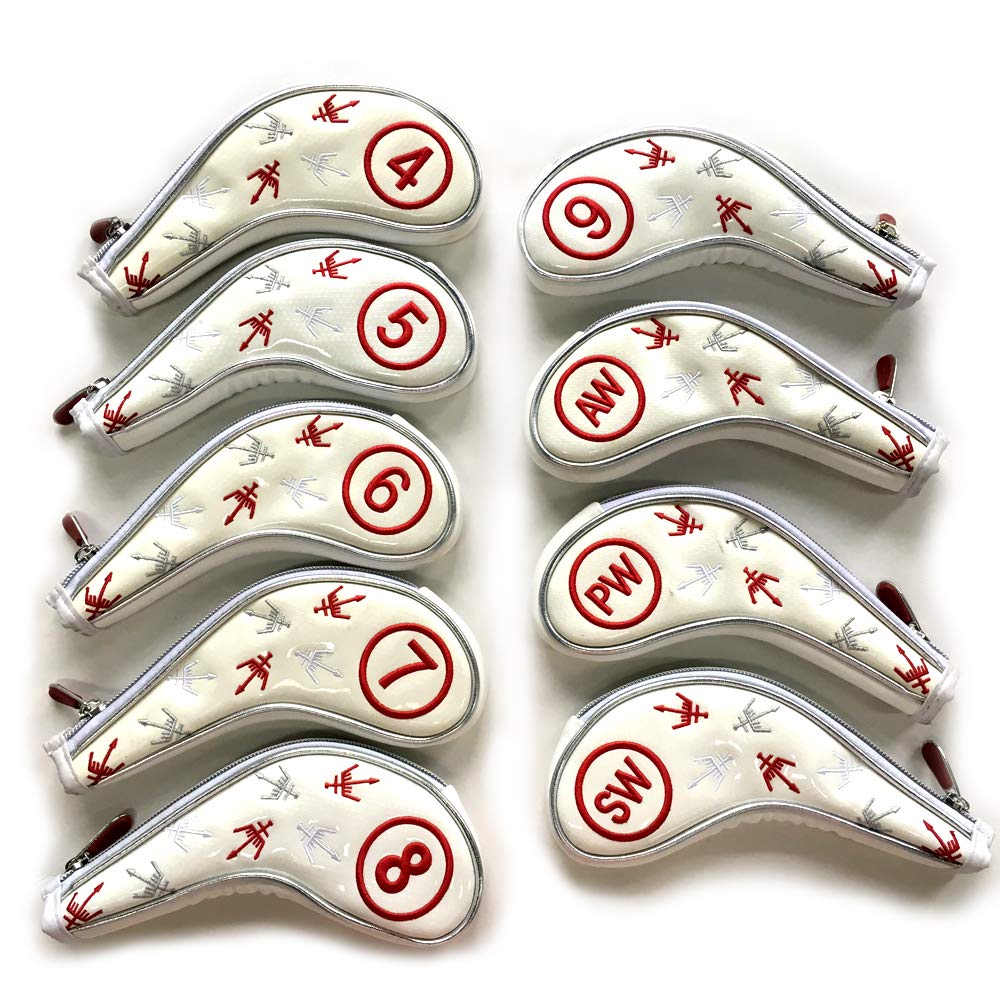 SUNBRO Golf 9pcs (4,5,6,7,8,9,A,P,S) Enamel Luxury Embroidery Greek Culture Poseido Trident Golf Iron Cover Headcovers Head Cover Set Suitable for Right & Left Handed Zipper Closure (WhiteRed)