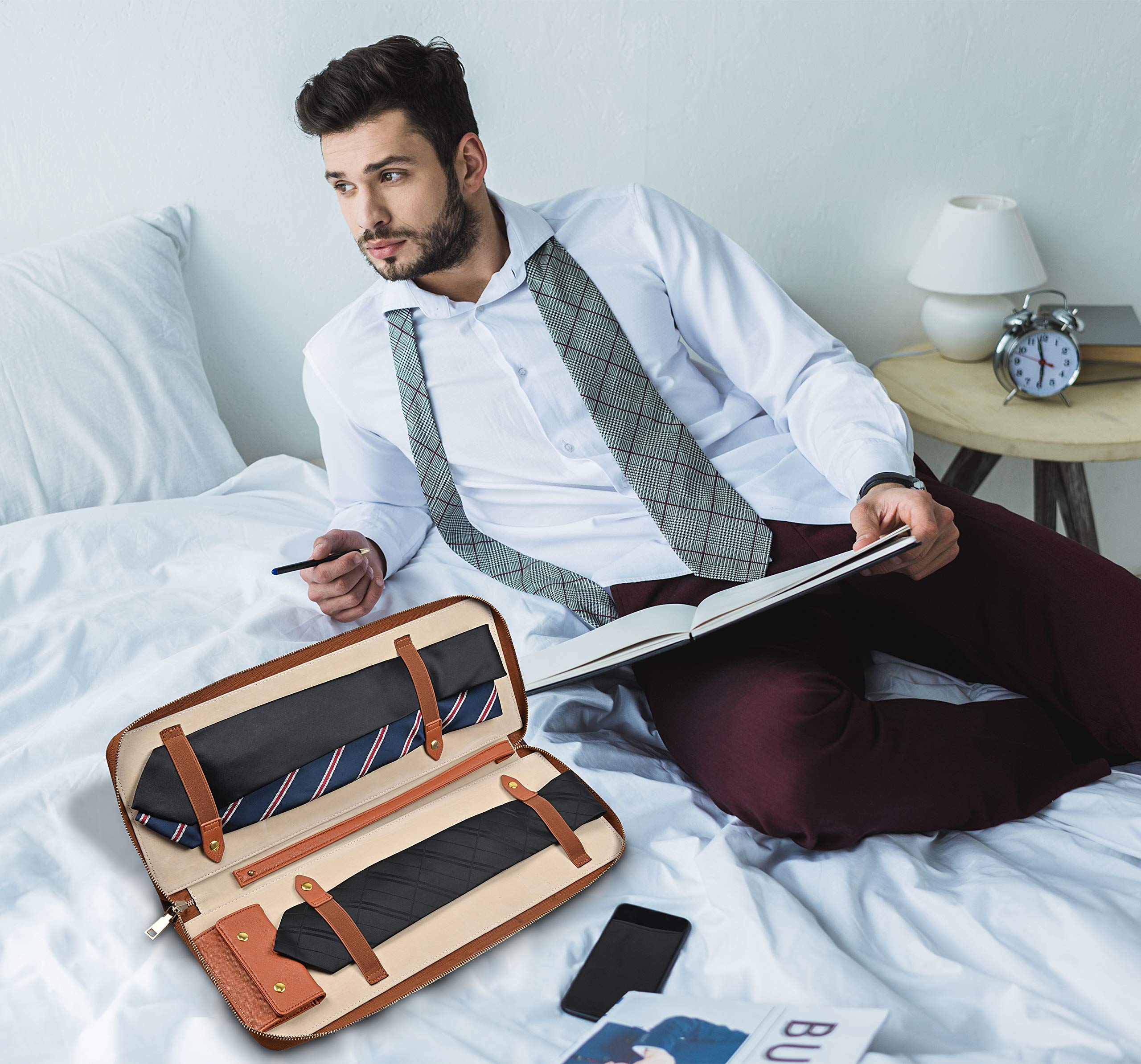 UTILE Tie PU Leather Storage Case for Travel β Holder for Mens Ties, Necktie, Bow Tie, Tie Bar and Cufflinks (17.3 x 6.7 x 1.6 Inches) (Brown, 1 Unit)