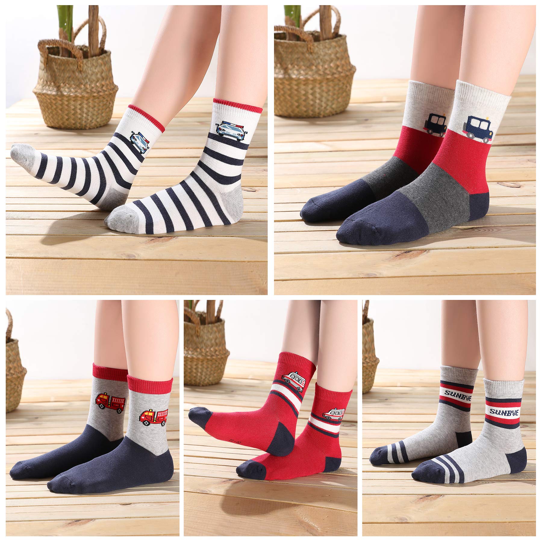 SUNBVE 10 Pack Toddler Little Boys Vehicles Cute Cotton Ankle Socks