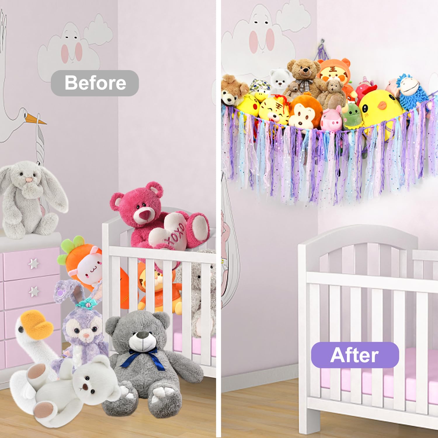 Stuffed Animals Net or Hammock with LED Light, 59 inch Mesh Toy Hammock Net for Stuffed Animals Holder Corner Organizer, Hanging Toy Net Pet Storage with Tassel & Hooks for Nursery Kids Bedroom