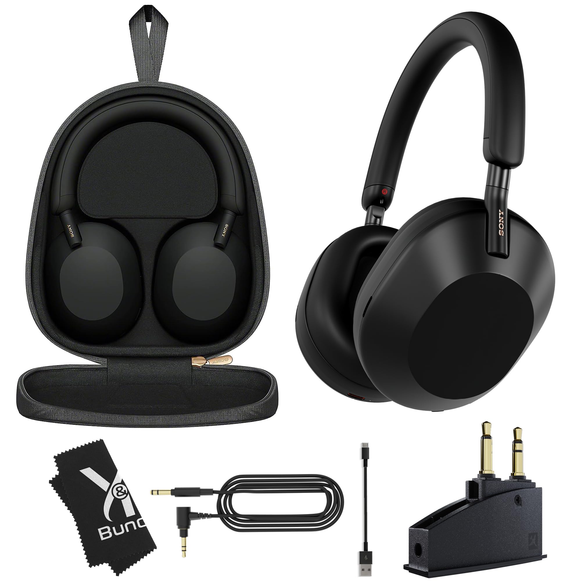 Sony WH-1000XM5 Headphones β Wireless Bluetooth Sony Noise Canceling Headphones Bundle with Audio Cable, USB Cable, Case, Airplane Jack Adapter, Cloth - Sony XM5 Headphones, Sony WH1000XM5, Black