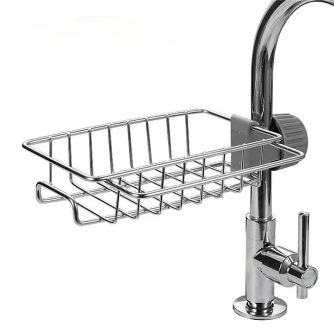 Vilehubju Faucet Storage Rack, Stainless Steel Sink Rack Removable Hanging Faucet Drainage Rack for Kitchen Bathroom Can Be Placed with Sponges Hand Sanitizer Soap Brushes Towels (Silver)