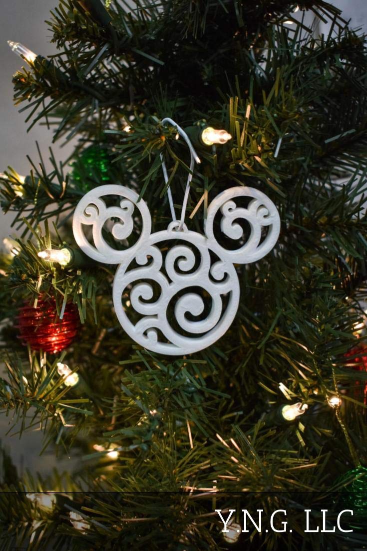 Themed Magical Mouse Head Ears Swirl Design Cartoon Character Hanging Ornament Holiday Christmas Decor 3D Printed Made in USA PR2235 (White)