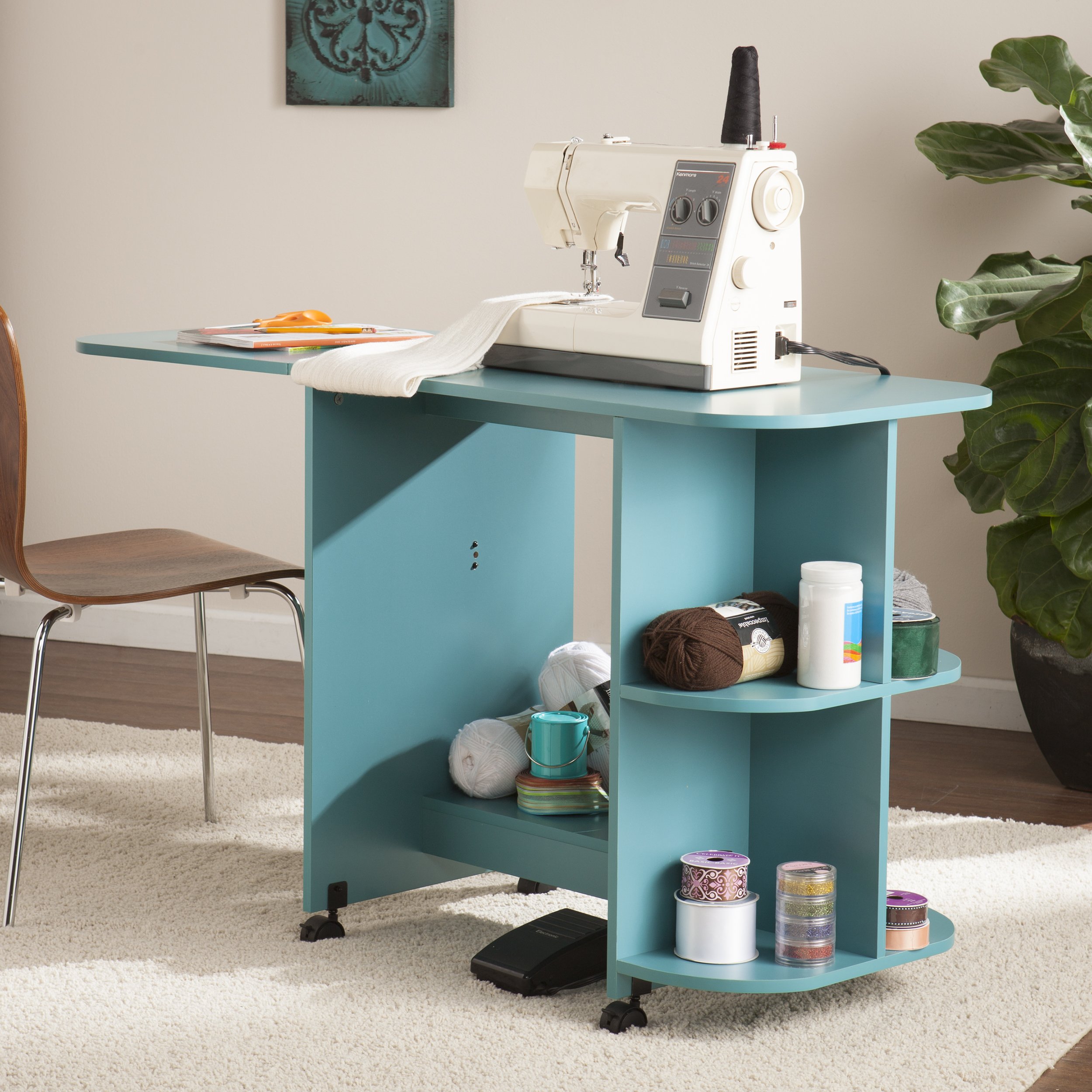 SEI Furniture Eaton Expandable Rolling Craft Station Sewing Table, White