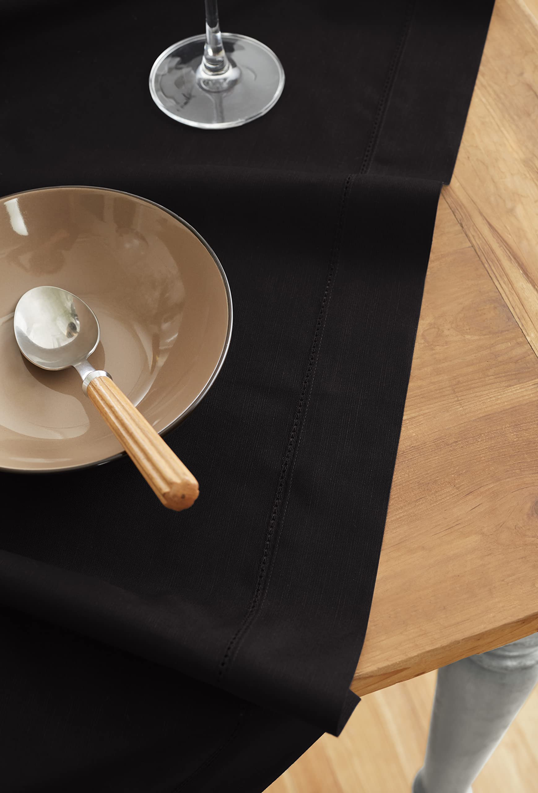 Solino Home Black Tablecloth β Cotton Linen Hemstitch Tablecloth 52 x 52 Inch β Machine Washable Square Table Throw for Summer
