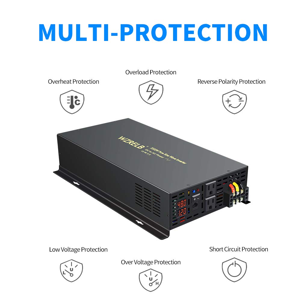 WZRELB Power Inverter Pure Sine Wave 3500Watt 48V DC to 110V 120V AC with Remote Control,Dual US Outlets for RV Car Solar System