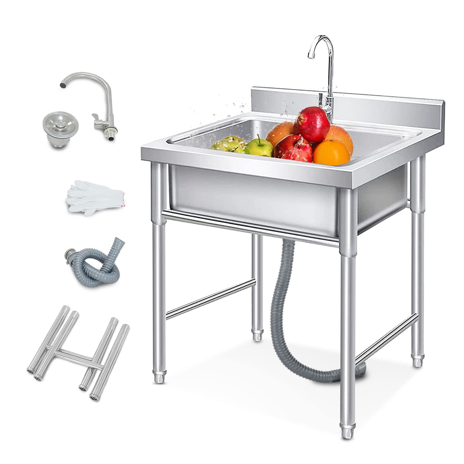 Single Bowl Free Standing Utility Sink, with Faucet and Side Splash, Kitchen Sink For Restaurant, Bar, Laundry, Garage, Backyard, Outdoor