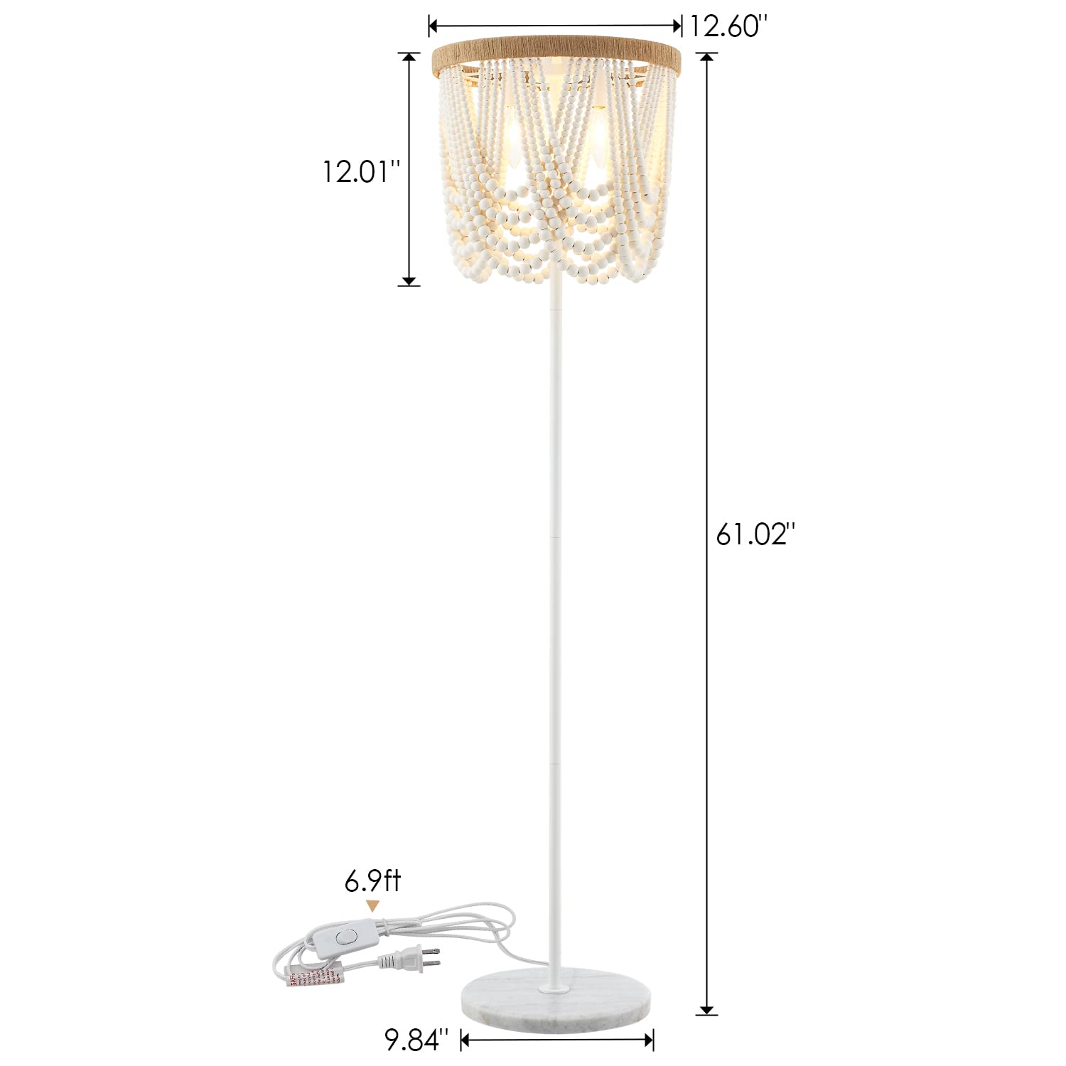 VILUXY Bohemia Wood Beaded Boho Floor Lamp Antique Rustic White Finishing for Bedroom, Nursery Room, Dining Room,Girl Room 3-Light