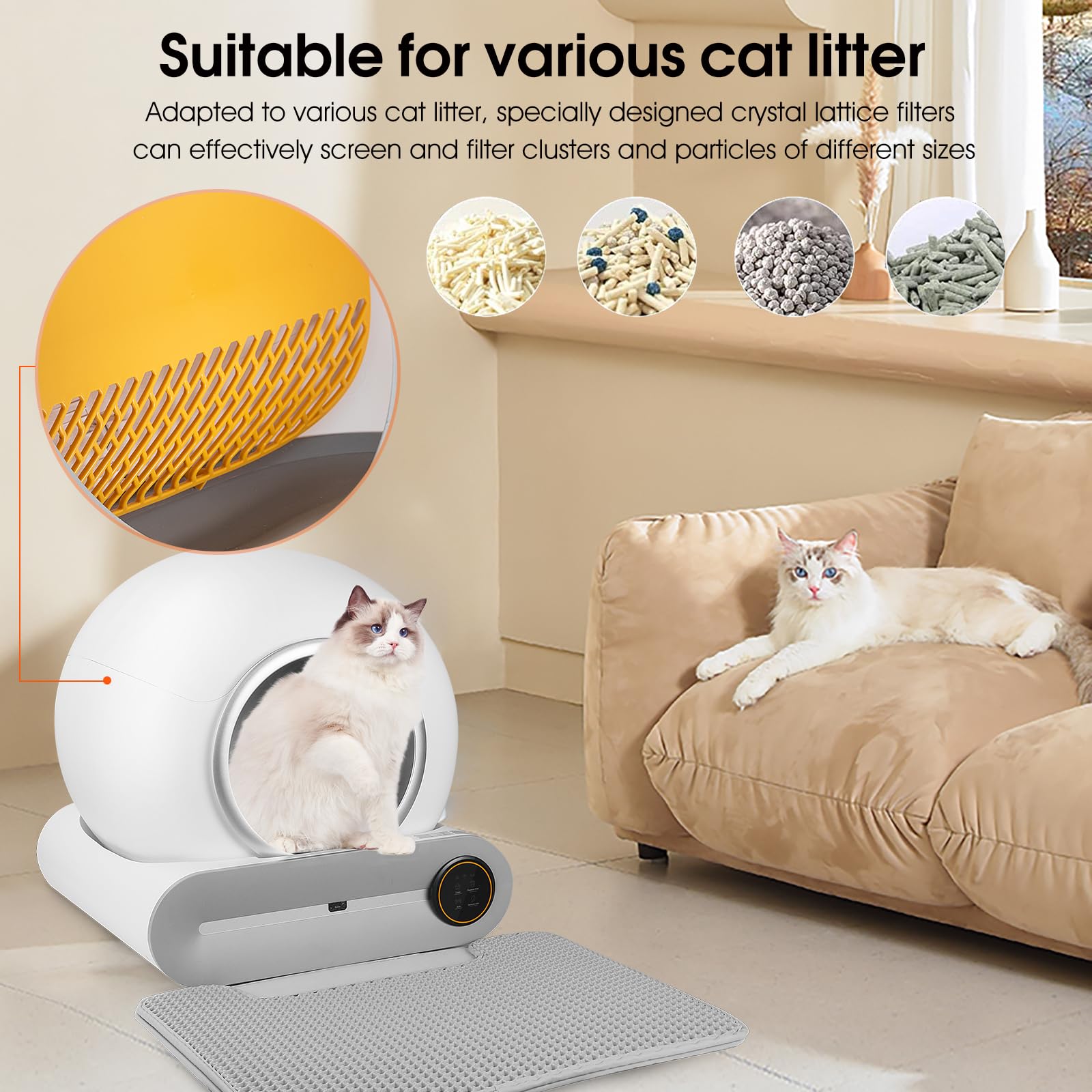 Self-Cleaning Cat Litter Box, Automatic Scooping and Anti-Pinch&Odor Removal, Extra Large for Multiple Cats, All Litter Can Use, Easy Clean, with Garbage Bags/Mats, Smart App Control