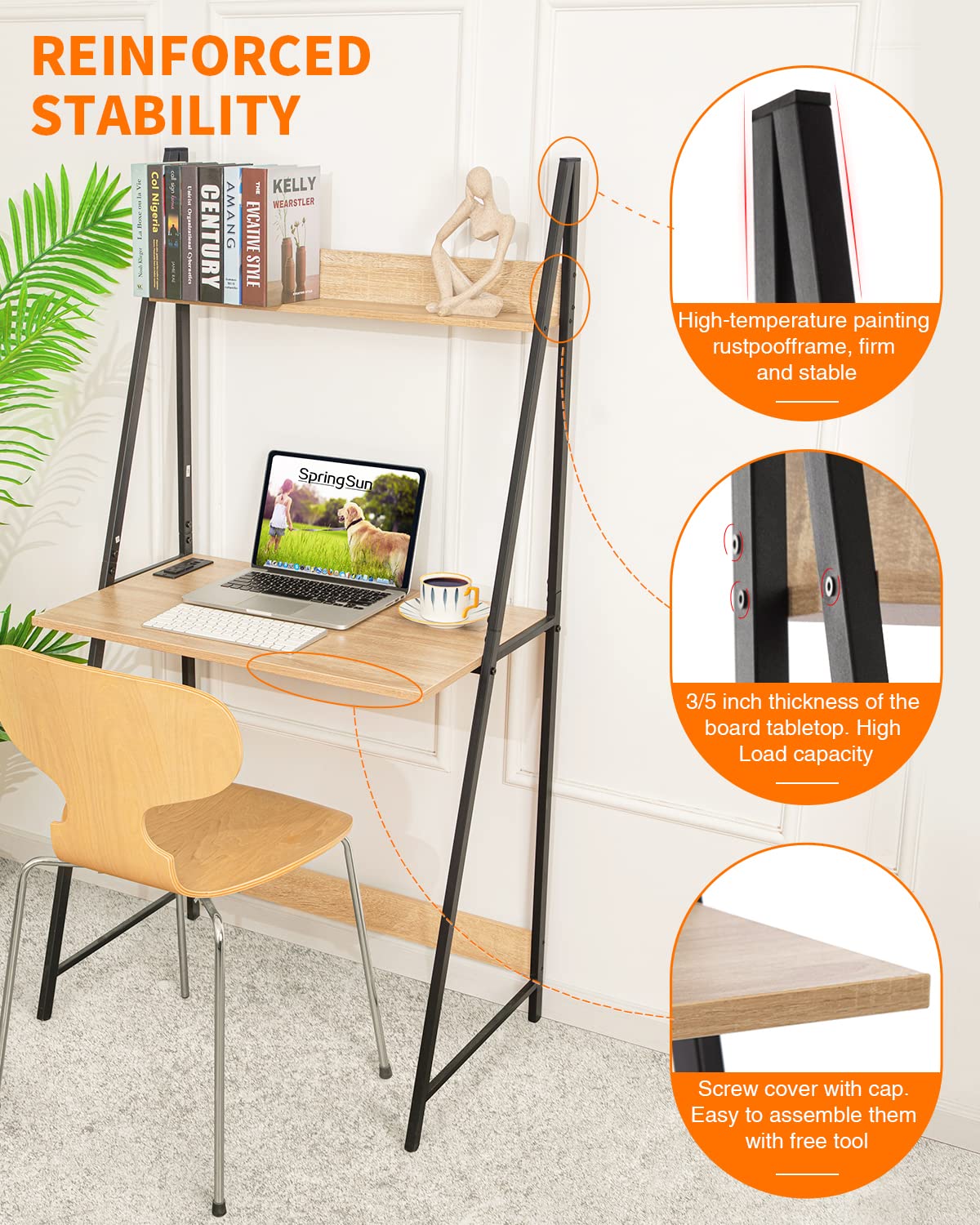 SpringSun Computer Desk with Power Outlet 2-Tier Ladder Computer Table with Storage Bookshelf, USB Charging Ports Modern Writting Table for Office and Home