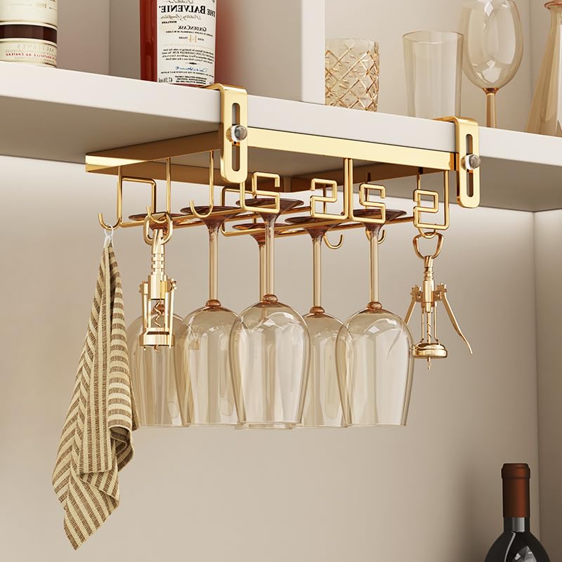 WUXIANJU Stemware Rack Under Cabinet Wine Glass Holder Glass Organizer Storage Hanger for Bar Kitchen, 2 Rows (Gold)
