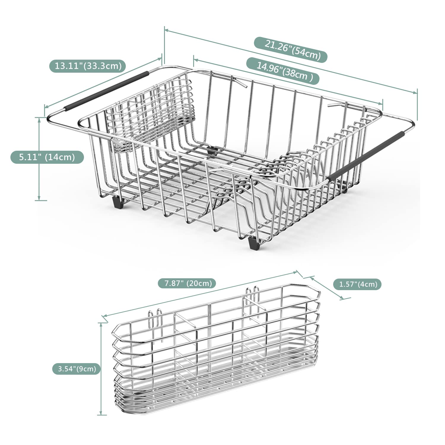 Sink Dish Drying Rack, 304 Stainless Steel Rustproof Expandable Dish Drainer Organizer with Stainless Steel Silverware Holder Over Inside Sink-Adjustable 14.96" to 20.59" (Maximium 13 Upright Dishes )