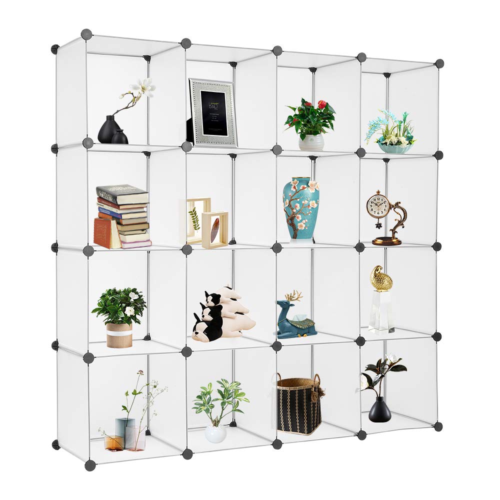 VINGLI 16 Cube Storage, Cubes Organizer Shelves Plastic Closet Cabinet, DIY Modular Book Shelf Storage Cube Organizer w/Hammer for Bedroom Living Room Office - Translucent White