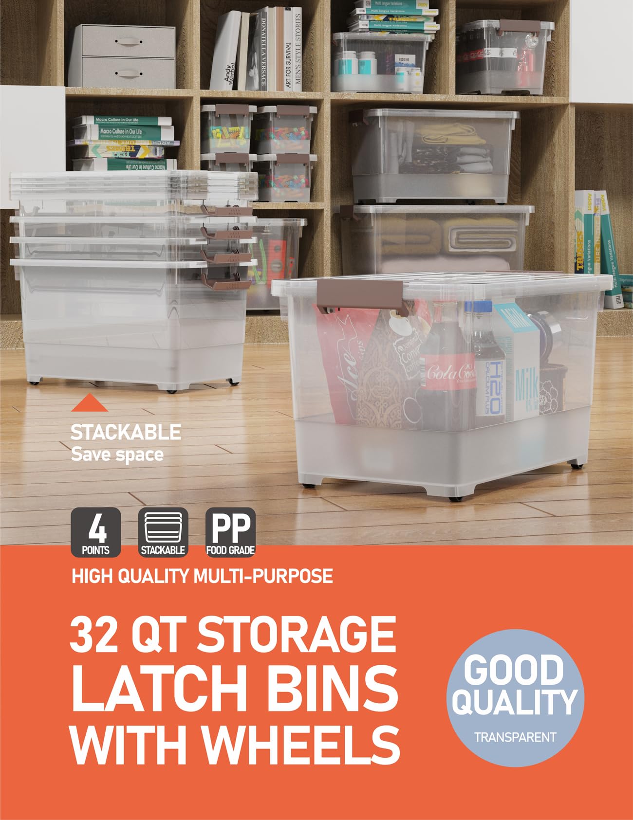 WYT 32 Qt Plastic Storage Bin Organizing Container with Durable Lids and Latching Buckle, Tote Box Stackable and Nestable, 4-Pack