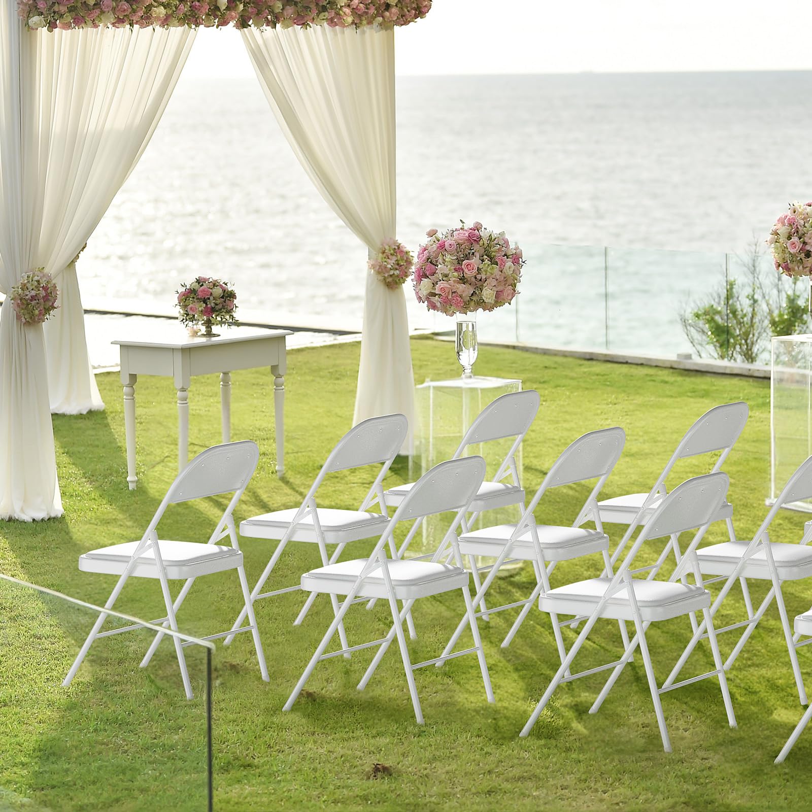 VINGLI Folding Chairs with Padded Seats, Metal Frame with Pu Leather Seat & Back, Capacity 350 lbs, White, Set of 10