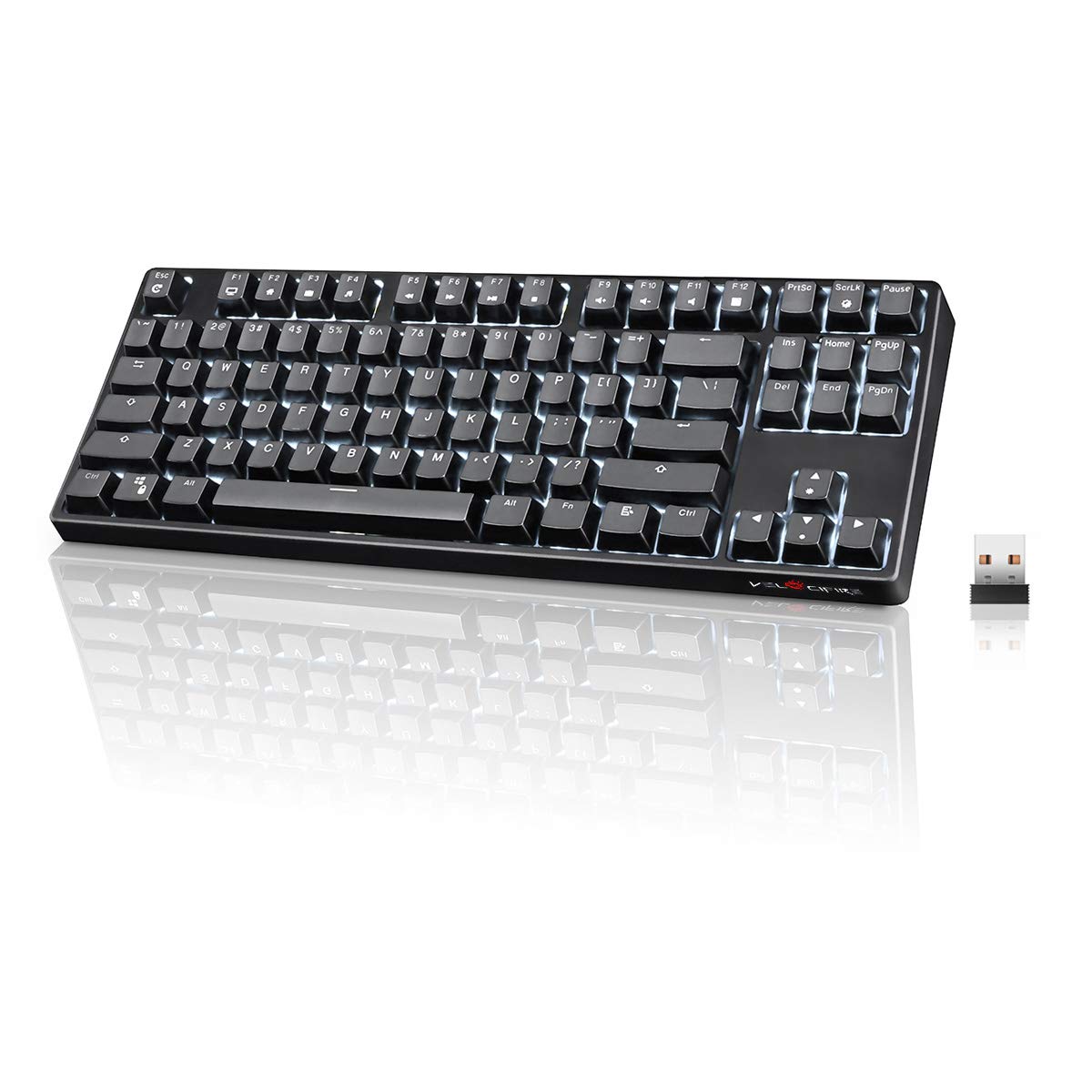 VELOCIFIRE Wireless Mechanical Keyboard, TKL02WS 87 Key Ergonomic with Brown Switches, White LED Backlit for Copywriters, Typists, and Programmers
