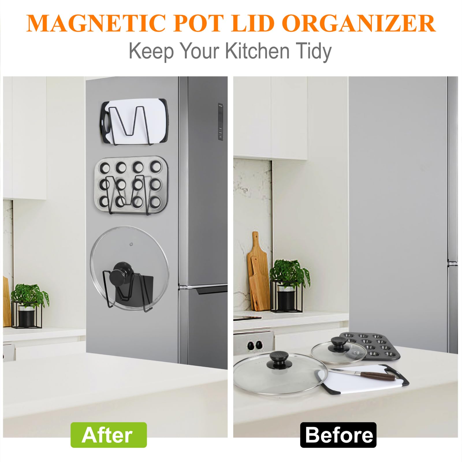 WECXA Magnetic Pot Lid Organizer, 3 Pack Metal Pot Lid Rack for Refrigerator, Moveable Pot Lid Holder Magnetic Shelf, Kitchen Organizers and Storage for Cutting Board, Baking Tray