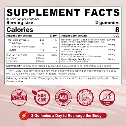 Sugar Free Maca Root Filled Gummies 2000mg for Women & Men with Ashwagandha, Tribulus Terrestris, Rhodiola, Panax Ginseng, L Arginine & L Tyrosine for Natural Energy, Mood & Immune Support - Vegan