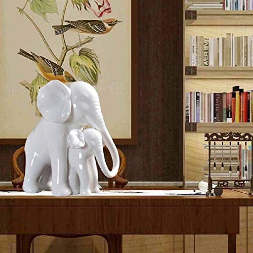 Sun Shade White Ceramic Elephant Mother and Baby Elephant Hand in Hand high-Gloss and Fully Glazed Handicraft/White Porcelain Home Decoration Statue