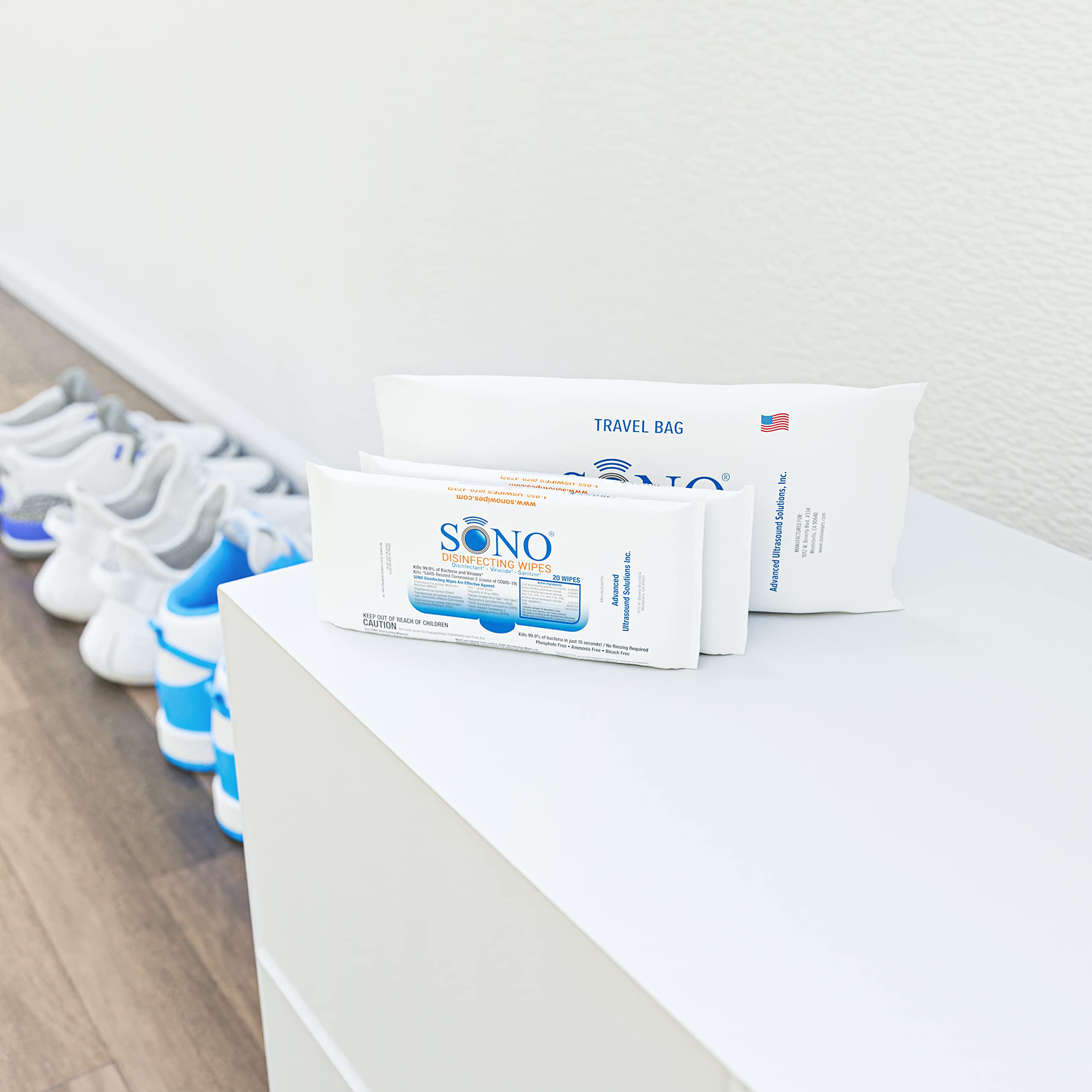 SONO Multi-Surface Disinfecting Wipes - Shoe Cleaner & Sanitizer Kit | Quick Clean and Stain Removal Power | Sneaker Cleansing Travel Pack | 2 Pack of 20 Wipes + 1 Pack of Hand Sanitizing Wipes