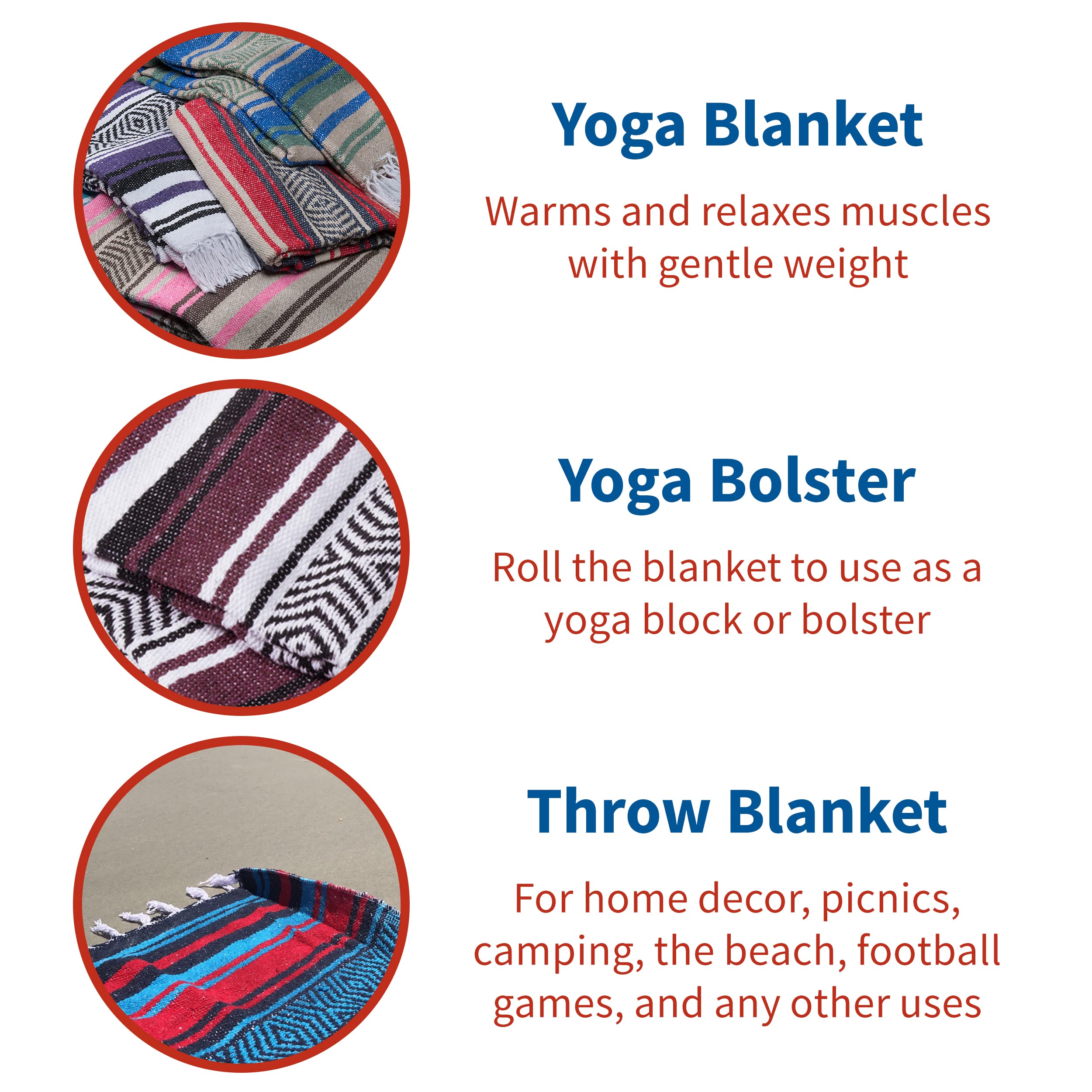 Vera Cruz Mexican Blankets and Throws, 10 Pack Mexican Blanket, 75" x 53" Yoga Blankets for Schools and Studios, Camping, Picnic, or Beach Blanket, Burgundy/White/Black