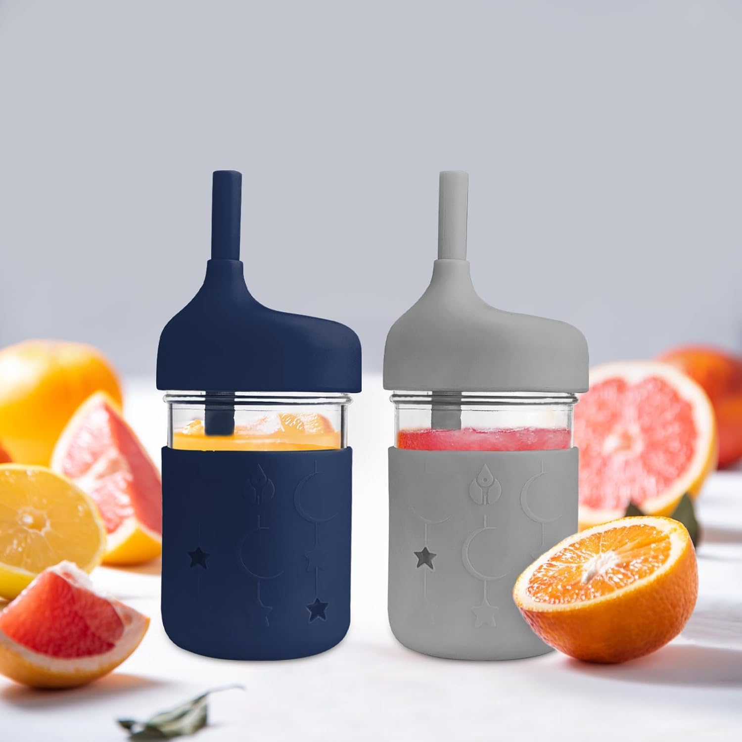 XccMe Glass Drinking Cups, 8 oz, Leak Proof Sippy Cups for Toddlers, Set of 4 with Silicone Sleeves, Lids and Straws